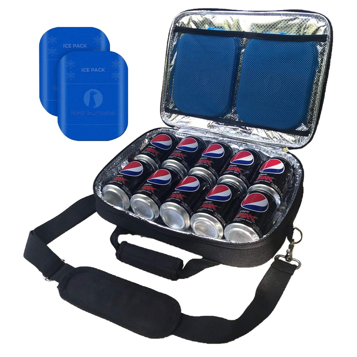 Red Suricata Insulated Slim Cooler – Ultra Thin, Flat Mini Small Cooler Lunch Bag Fits 10 Drink Cans - 2 Slim Reusable Ice Packs Included - Small Iceless Golf Cart Bag for Beer (Black)