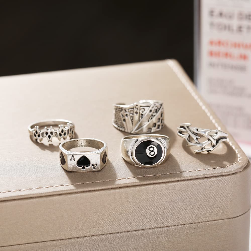 ZMANYIJEW Silver Men Ladies Rings Set, Adjustable Rings, Cross Rings, Twist Rings, Billiard Rings, Solitaire Rings, Cool Gothic Rings, Silver Pearl Simple Line Stackable Ring Sets (19pcs, Alloy)