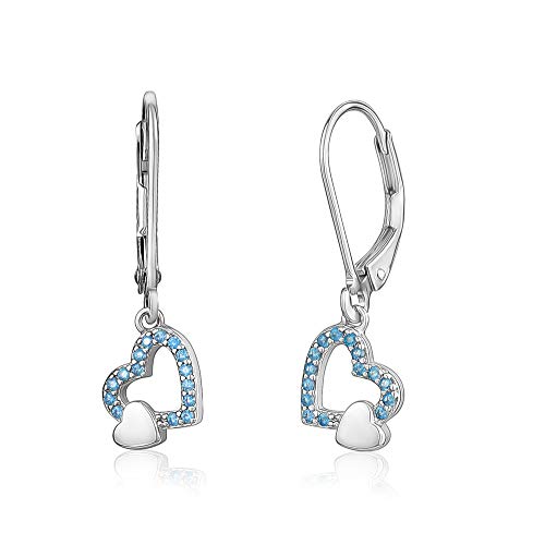 Sterling Silver 925 Tilted Heart Outline Dangle Leverback Earrings with Pavé CZ Blue