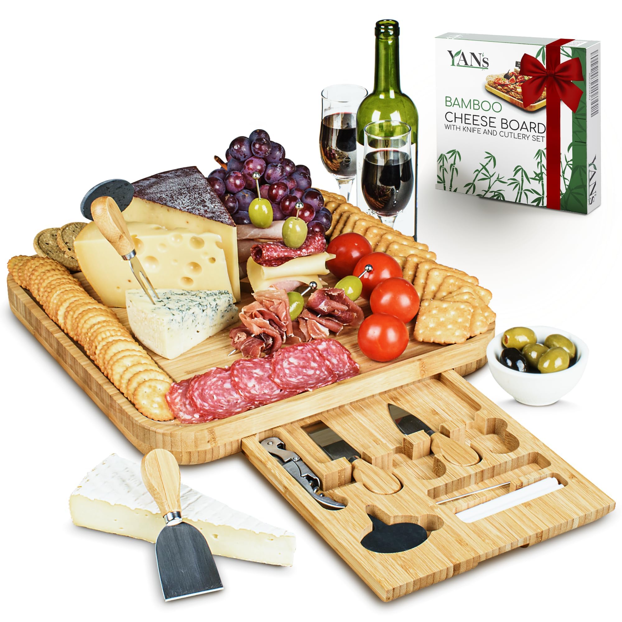 YAN's Bamboo Cheese Boards Charcuterie Boards Set - Large Charcuterie Board Set - Charcuterie Tray - Unique for Women, House Warming Gifts New Home