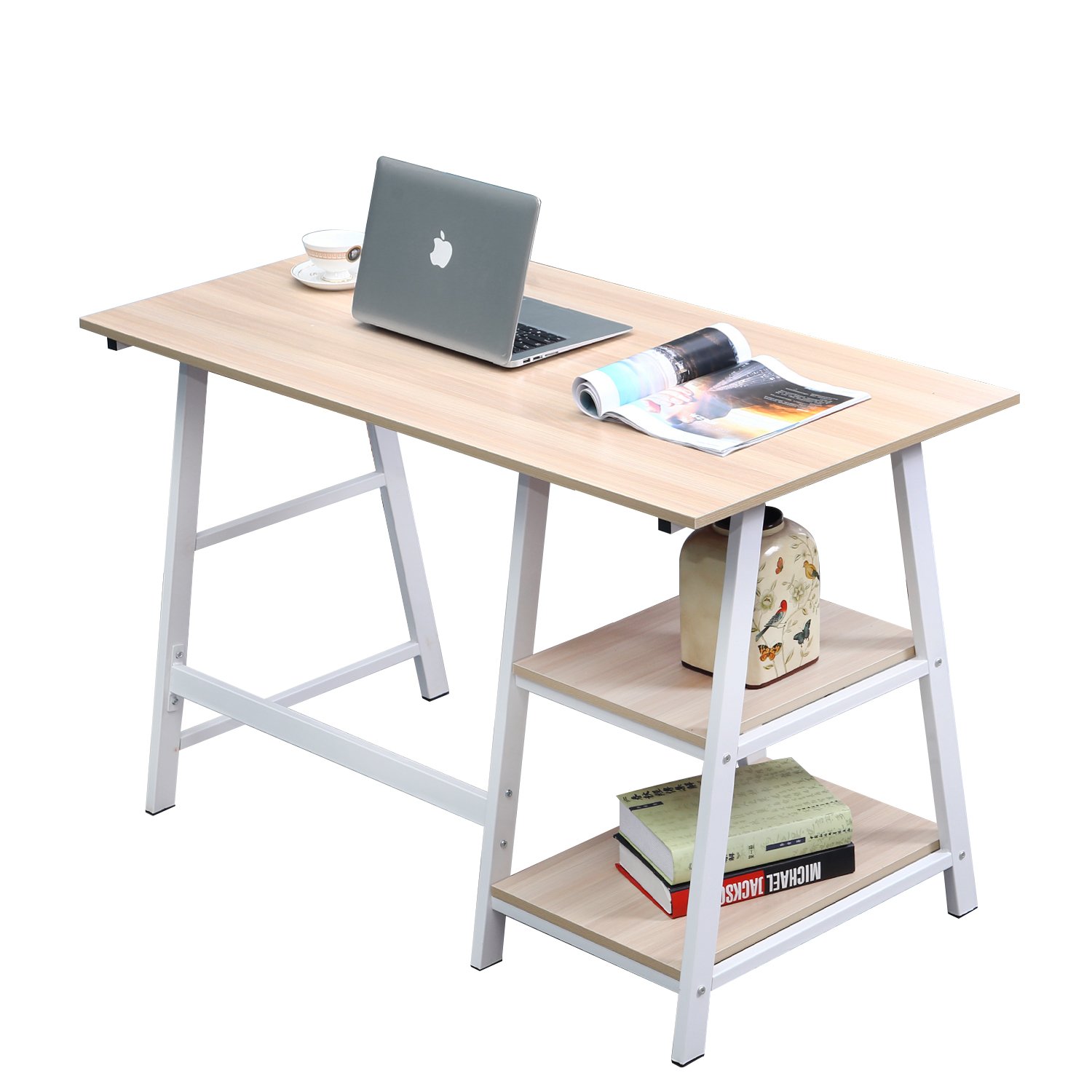SogesPower 47 inch Computer Desk Desk with Storage Shelves Laptop Table PC Desk Ladder Desk for Home Office Student Writing Desk, White Maple, SPWK-Tplus-120MO