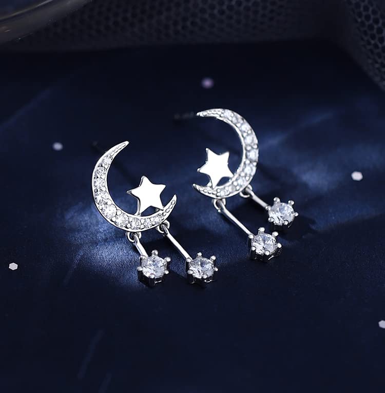 Reffeer 925 Sterling Silver Crescent Moon Star Earrings Studs for Women Teens Girls CZ Moon Studs Earrings Star Tassel Earrings (A-Silver)