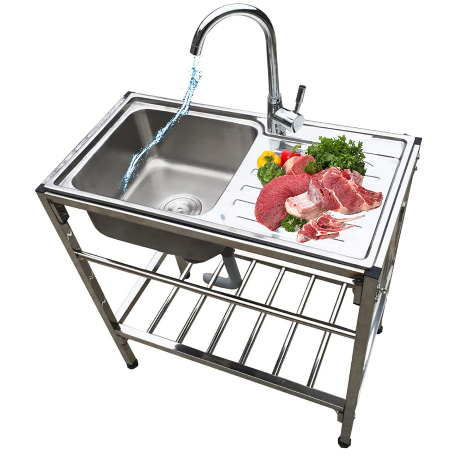 QHDPKU Freestanding Single Bowl Sink Commercial Restaurant Stainless Steel Sinks W/Workbench & Storage Shelves, Outdoor Kitchen Sink for Patio, Garden, Outdoor, 30 X 16 X 30 in