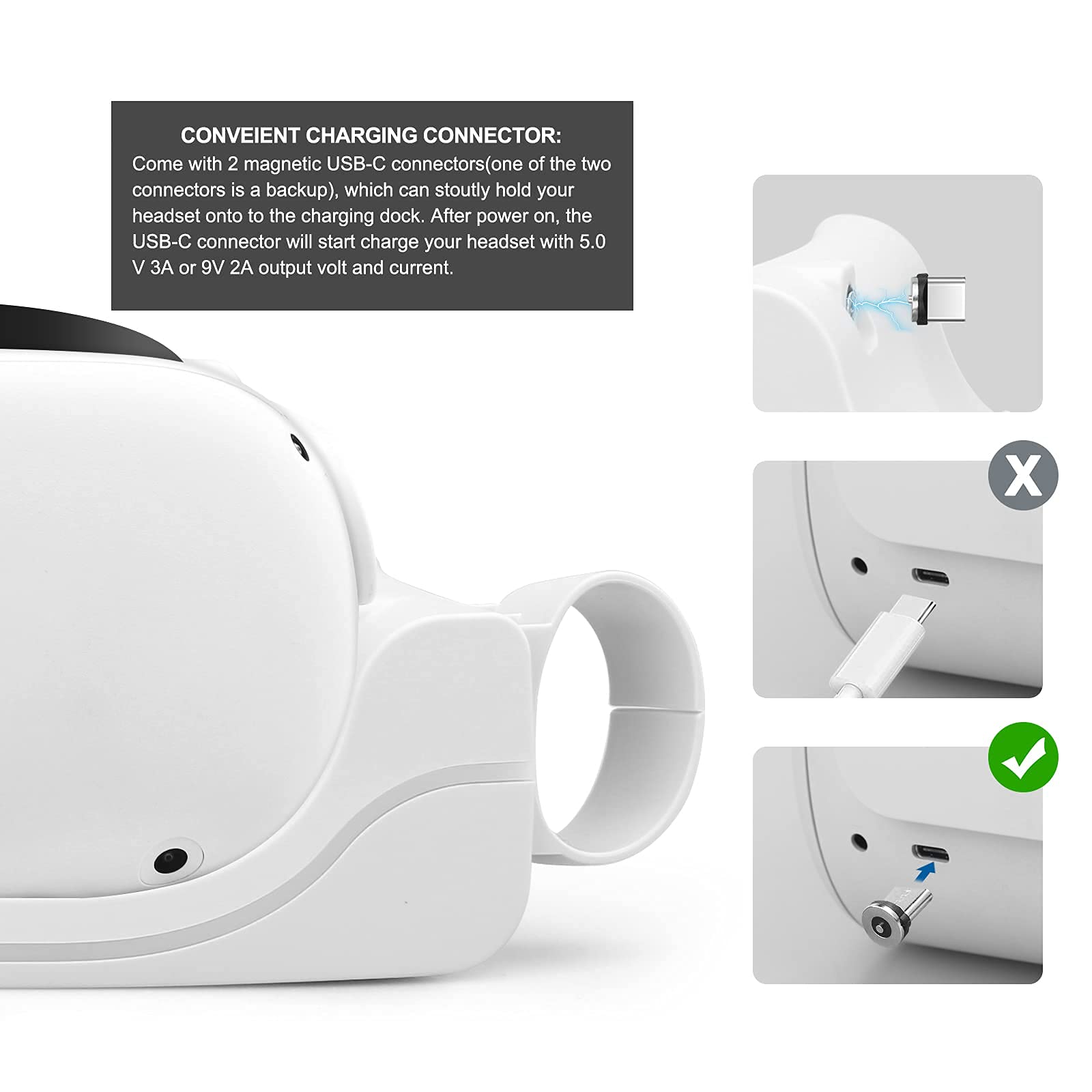 Vakdon Charging Dock Compatible with Oculus/Meta Quest 2, VR Headset Wall Mount Charging Station, High Speed Charging Stand for Quest 2 with Charging Port and LED Indicator, USB-C Link Cable (White)