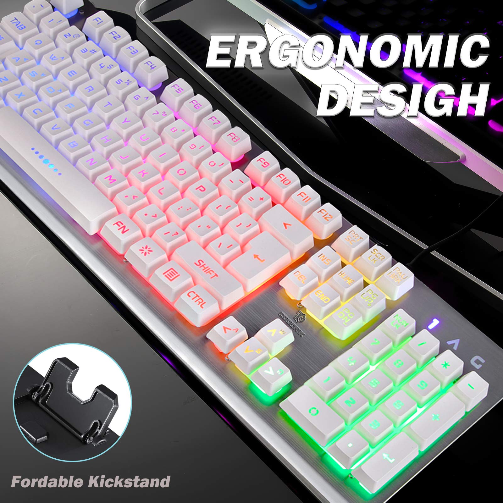 Wired Illuminated Gaming Keyboard for PC/Computer/Laptop, CODORIX Full-Sized Gaming Keyboard with Rainbow Lighting and 19 Anti-Ghosting Keys, White