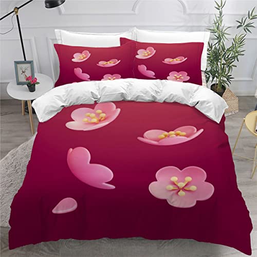 Quilt Cover Queen Size Pink Flower 3D Bedding Sets Peach Blossom Duvet Cover Breathable Hypoallergenic Stain Wrinkle Resistant Microfiber with Zipper Closure,beding Set with 2 Pillowcase