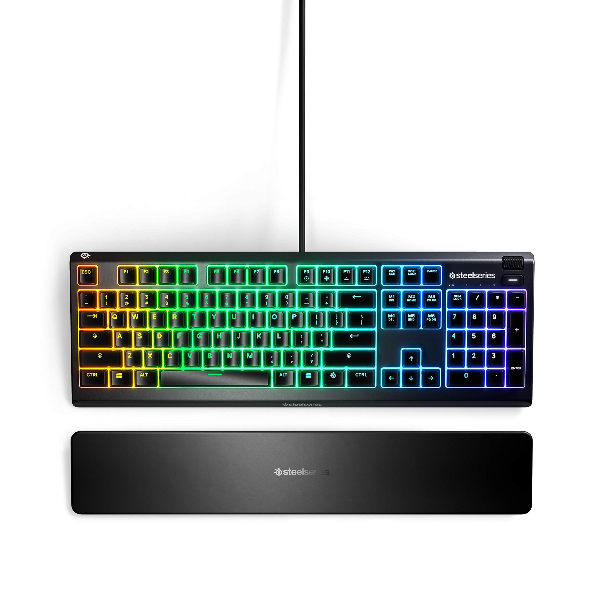 SteelSeries Apex 3 RGB Gaming Keyboard β 10-Zone RGB Illumination β IP32 Water Resistant β Premium Magnetic Wrist Rest (Whisper Quiet Gaming Switch) (Renewed)