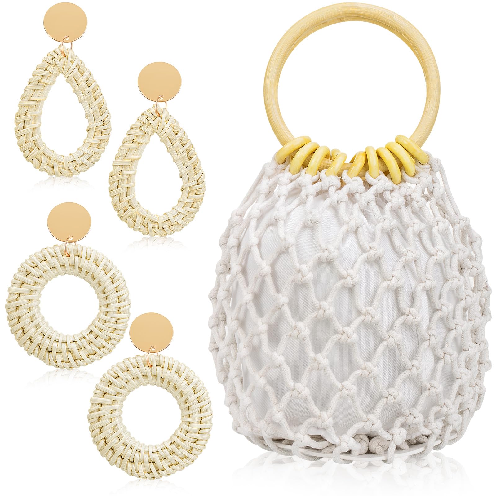 Sweetude Mini Clutch Tote Handbag 2 Pairs Rattan Earrings for Women Girls Bucket Drawstring Handbag Bohemian Woven Clutch (White)