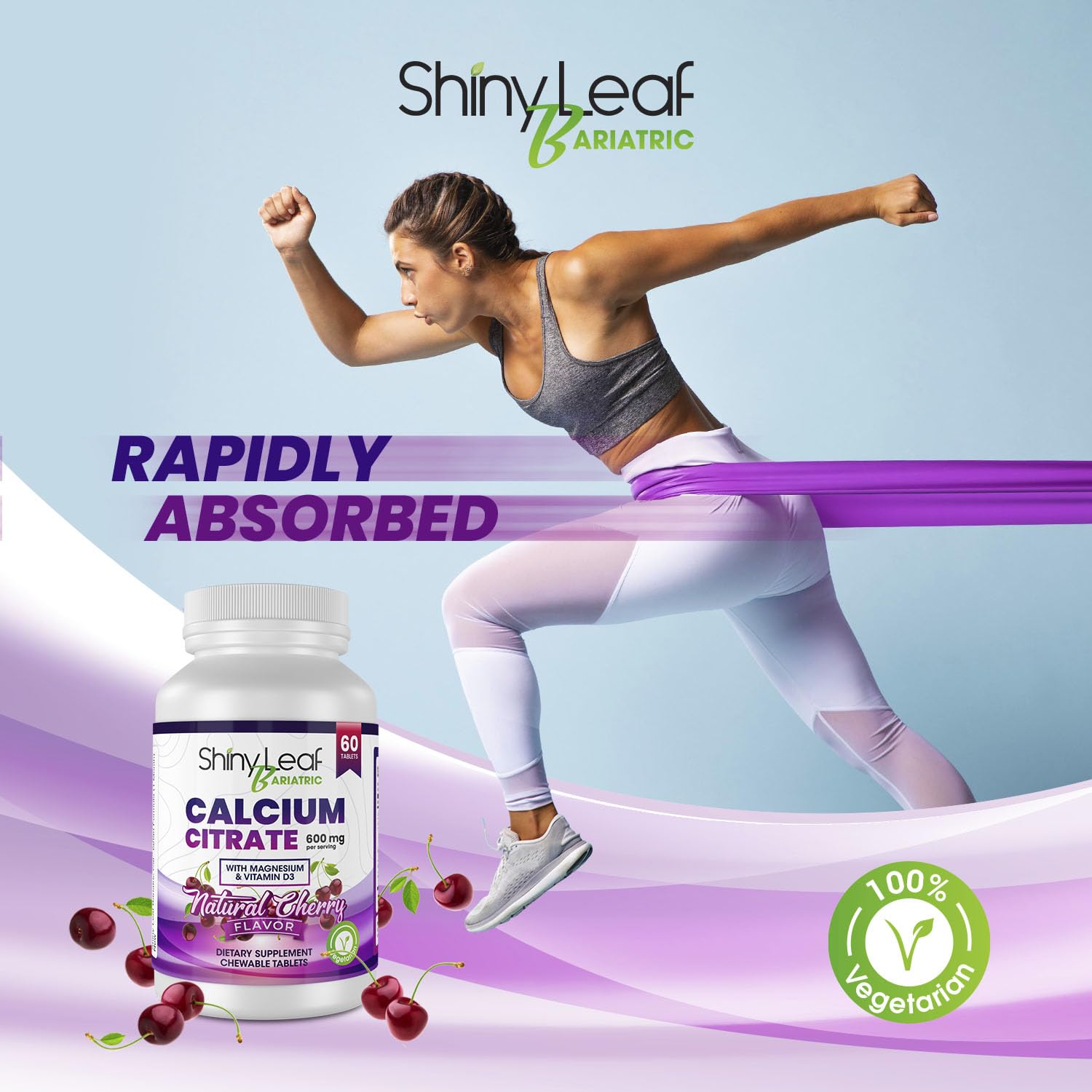 Shiny Leaf Bariatric Calcium Citrate 600 mg Supplement for Bariatric Surgery Patients, 60 Ct Chewable Tablets with Magnesium, Vitamin D3, Natural Cherry Flavor, Vegetarian (1 Month)