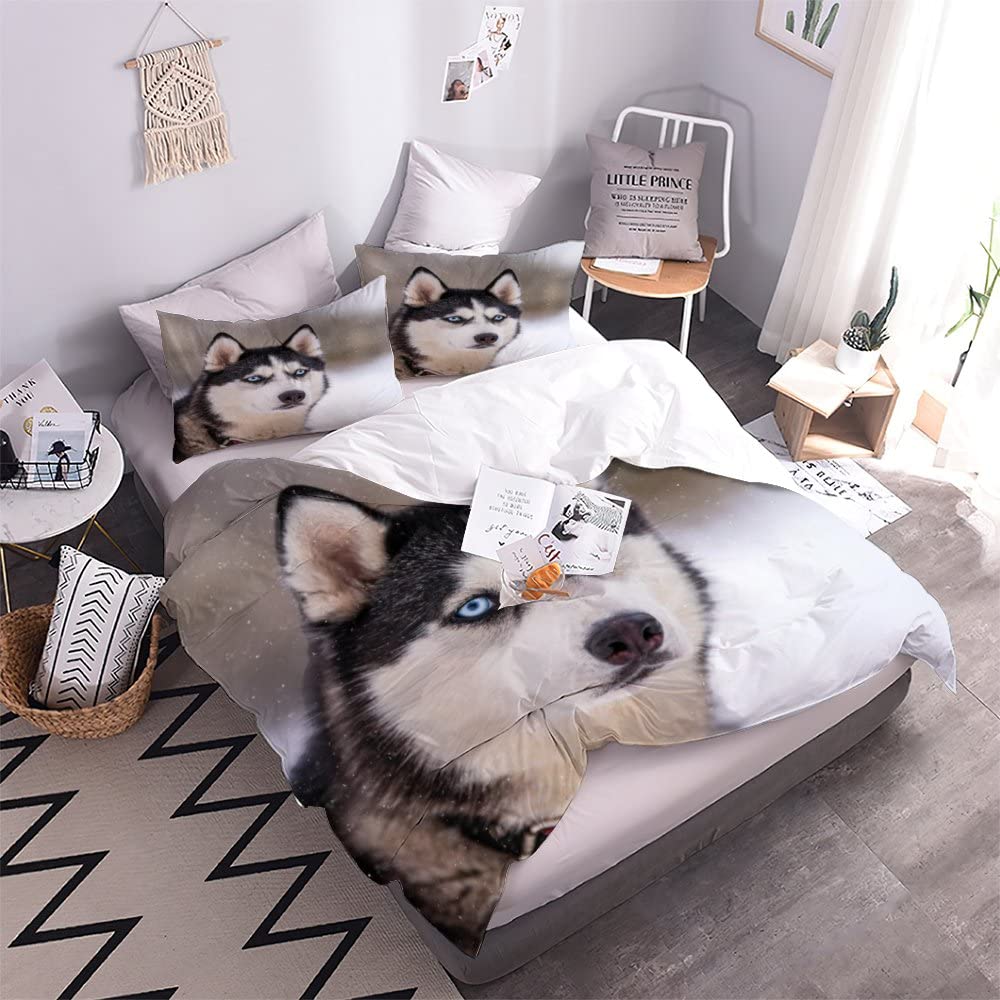 Quilt Cover Twin Size Siberian Husky 3D Bedding Sets Dog Duvet Cover Breathable Hypoallergenic Stain Wrinkle Resistant Microfiber with Zipper Closure,beding Set with 2 Pillowcase