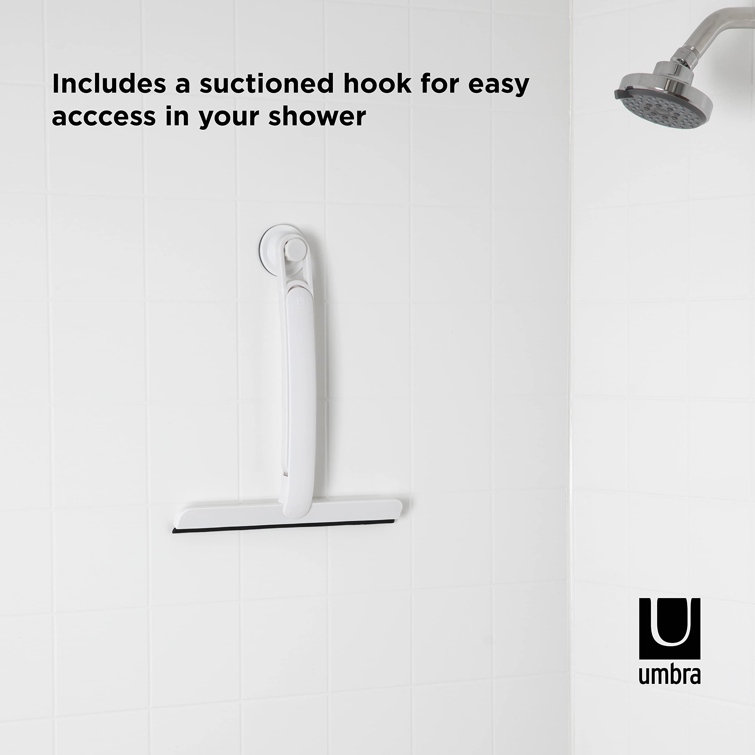 Umbra 1005121-660 Flex Squeegee, White Rust-Proof Squeegee with Extending, Extra Long Handle and Suction Cup, Store in Shower, Keep Tiles and Shower Walls Dry and Clean, White,10¼ x 11½ x 1 ½ inches