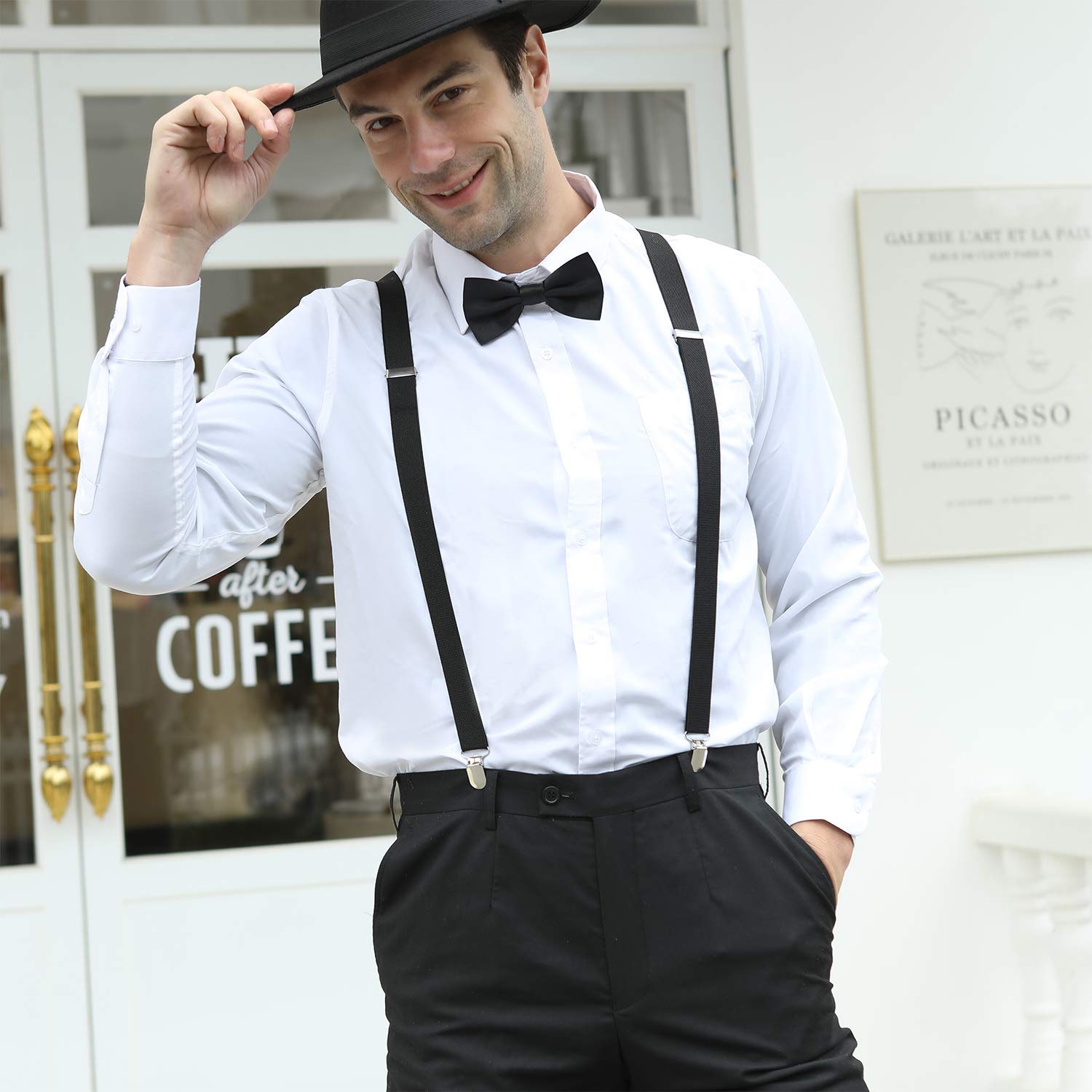 Wizland Men's Suspender Adult Suspender Solid Straight Clip Adjustable Suspender Wide Band with Heavy Duty Metal Clips Y-White Gray