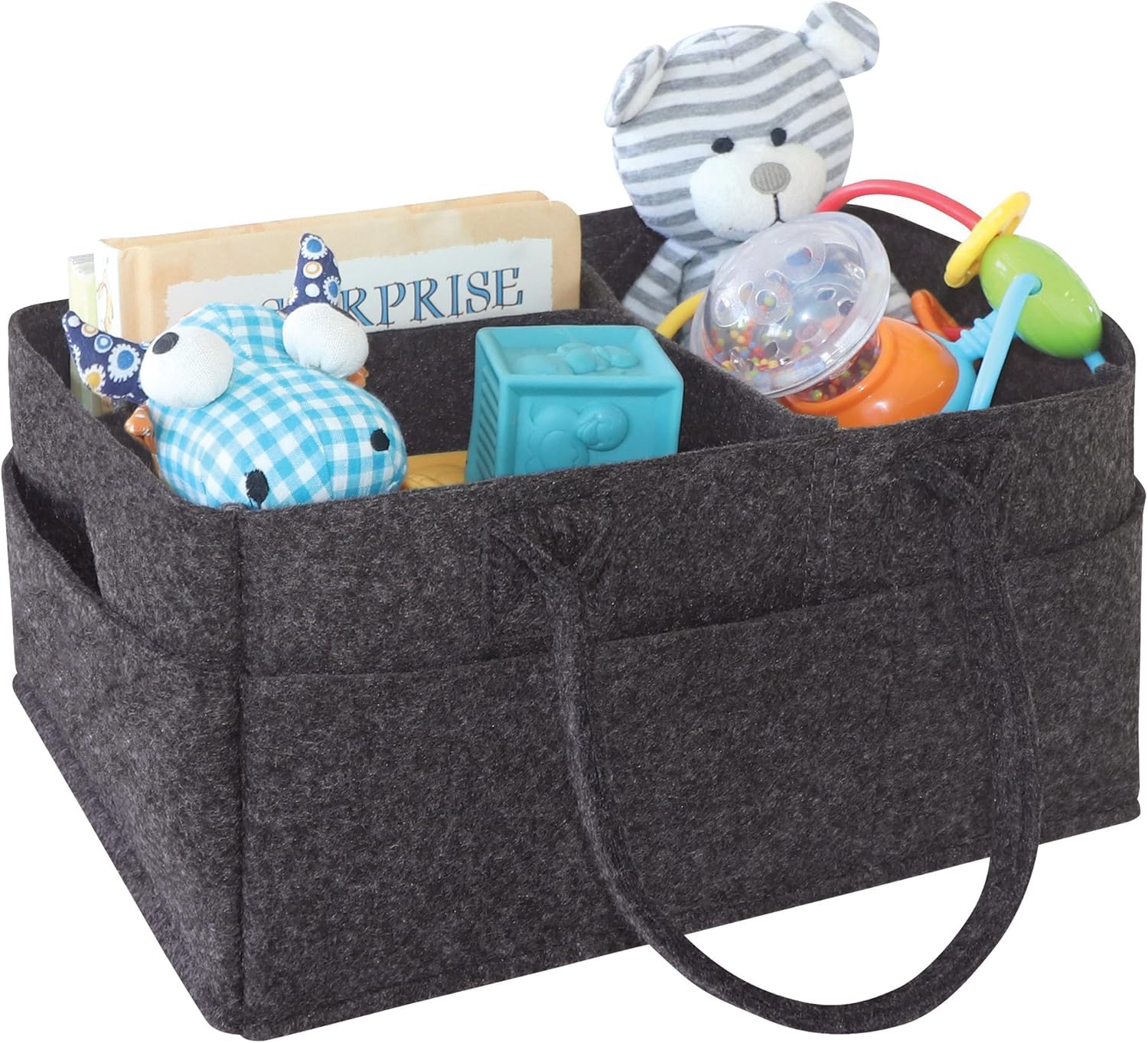 Sammy & Lou Collapsible Charcoal Gray Felt Storage Caddy, Divided Design To Keep Diapers, Wipes And Changing Items Organized, Two Handles, 11.5 in x 6 in x 8 in