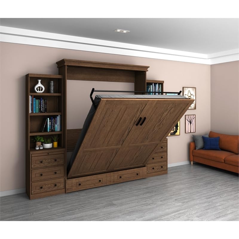 RoomAndLoft Windsor Queen Solid Wood Murphy Wall Bed and Two Shelf Storage Units with Drawers in Brown