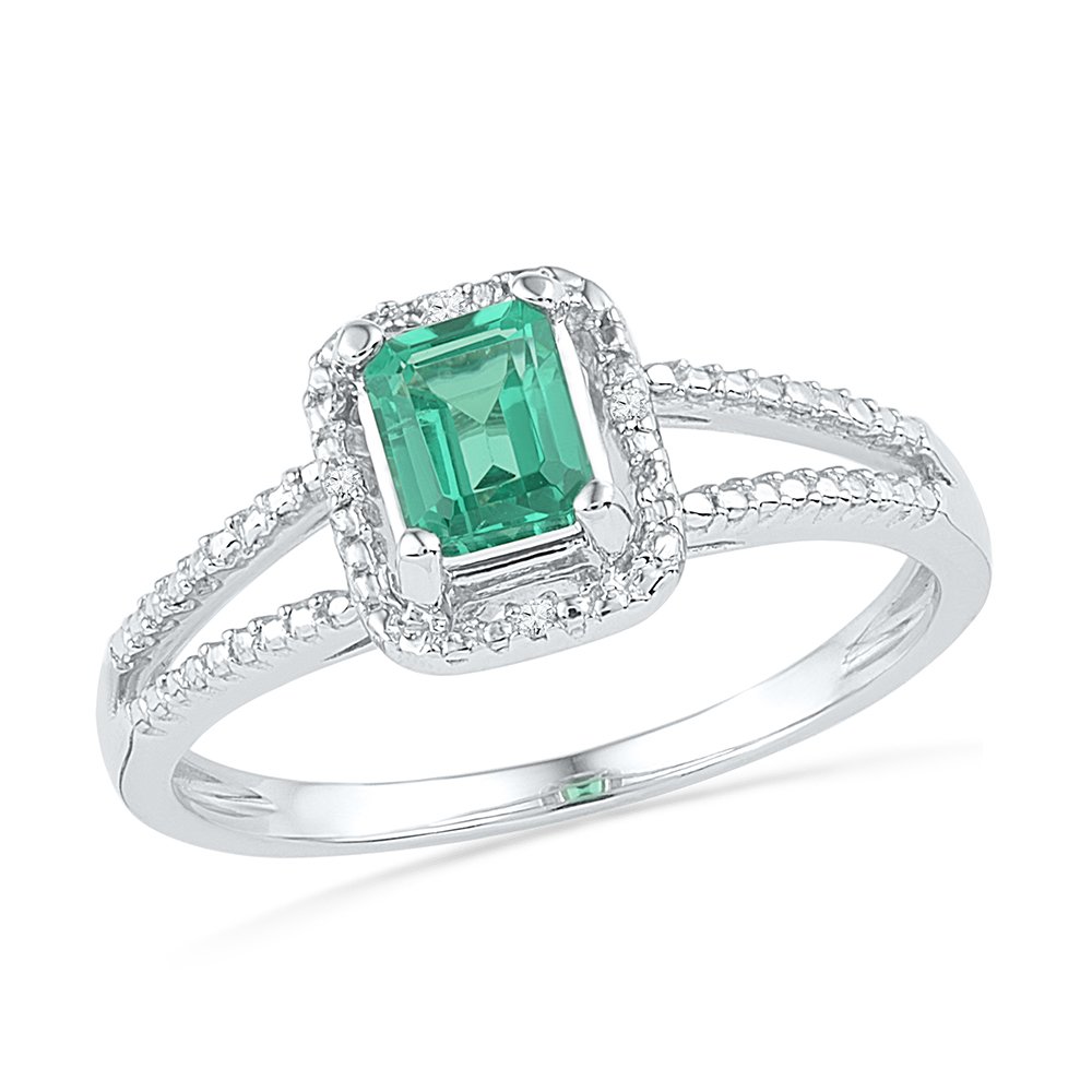 Size - 5 - Solid 10k White Gold Emerald Round Green Simulated Emerald And White Diamond Engagement Ring OR Fashion Band Prong Set Solitaire Shaped Halo Ring (.01 cttw)