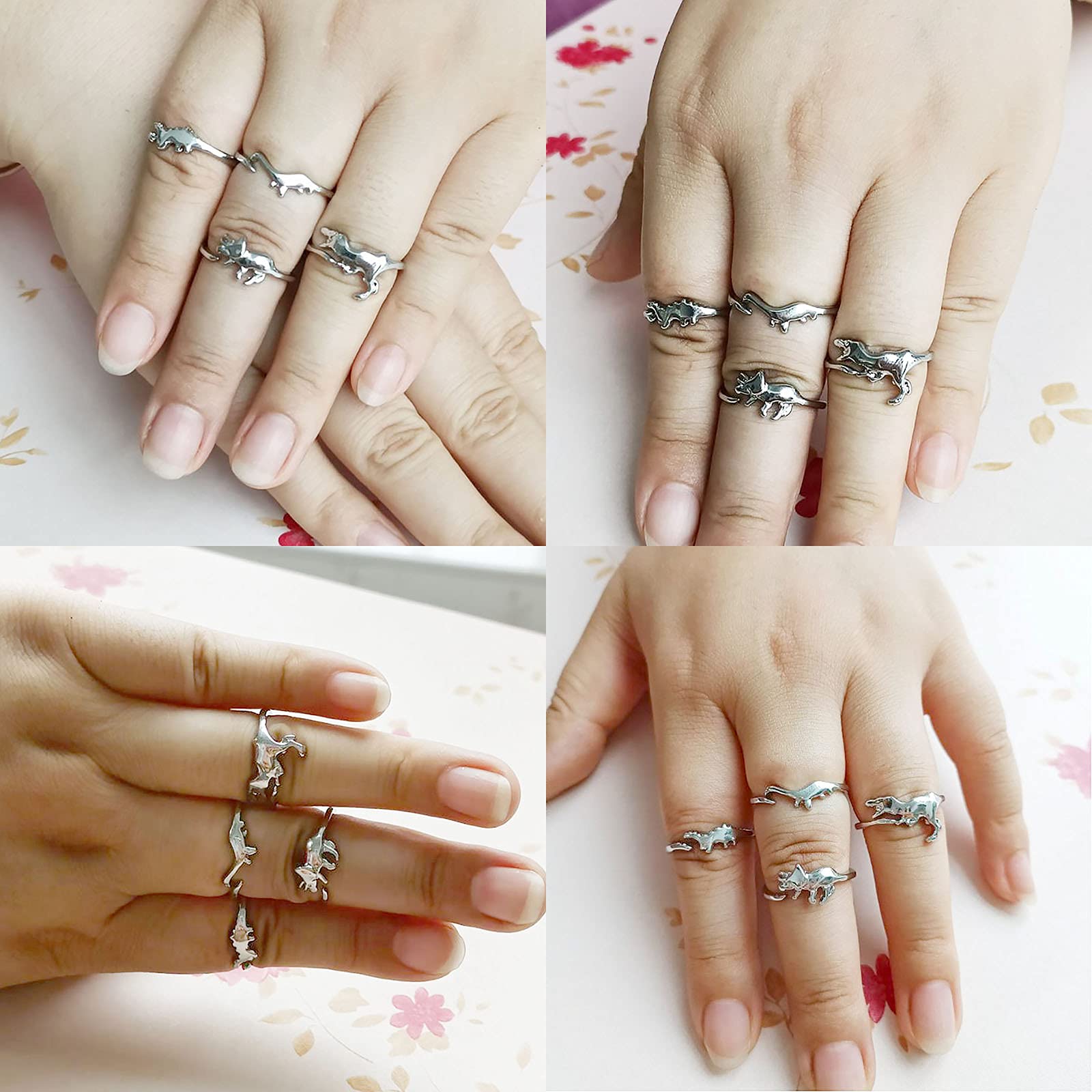 Vangelady 4 Pcs Dinosaur Rings Sets Jurassic Era Dinosaur Statement Ring Adjustable Knuckle Band Jewelry for Women Men Girls, Silver C