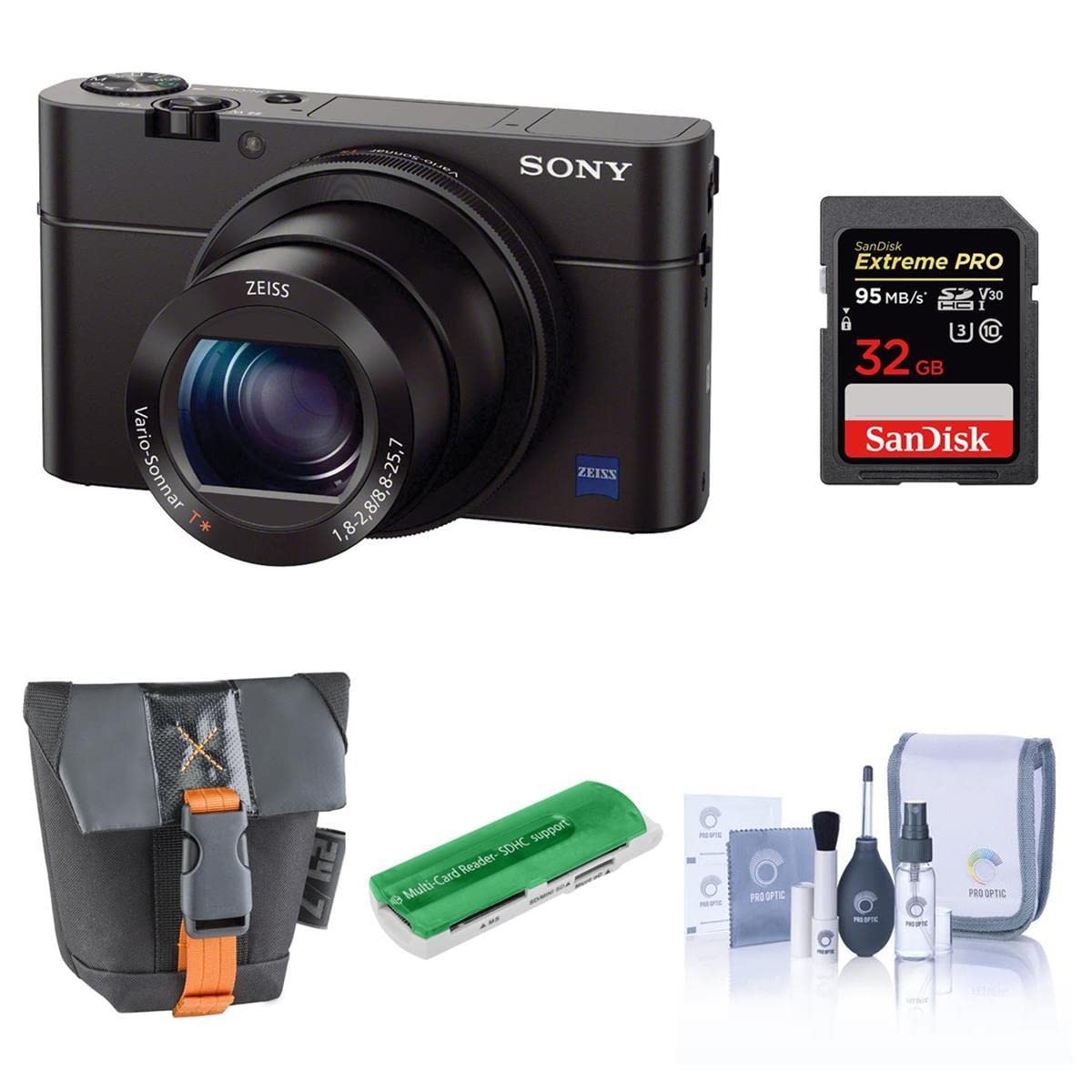 Sony Cyber-shot DSC-RX100 III Digital Camera, 20.1MP - Bundle with Case, 32GB Class 10 SDHC Card, Cleaning Kit, USB Card Reader