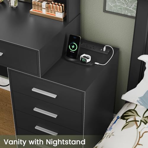 Quimoo 48" Large Vanity Desk with Mirror and Lights, Makeup Vanity with 6 Drawers, Power Outlet, Vanity Makeup Mirror Desk Table Set with 4 Storage Shelves & Stool, Best Gift for Women Girls,Black