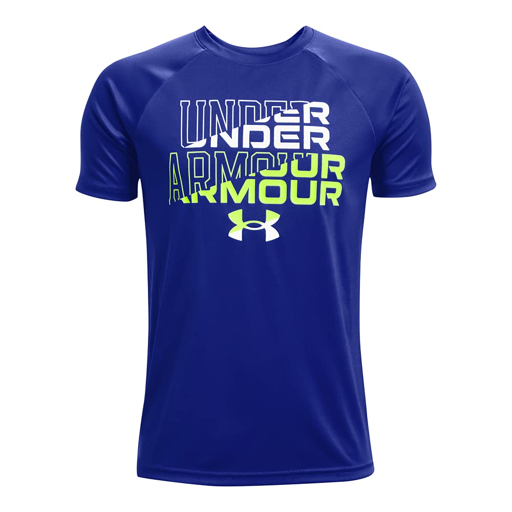 Under Armour Boys' Tech Wordmark Symbol Short-Sleeve T-Shirt, Royal (400)/Cruise Blue, Youth Medium