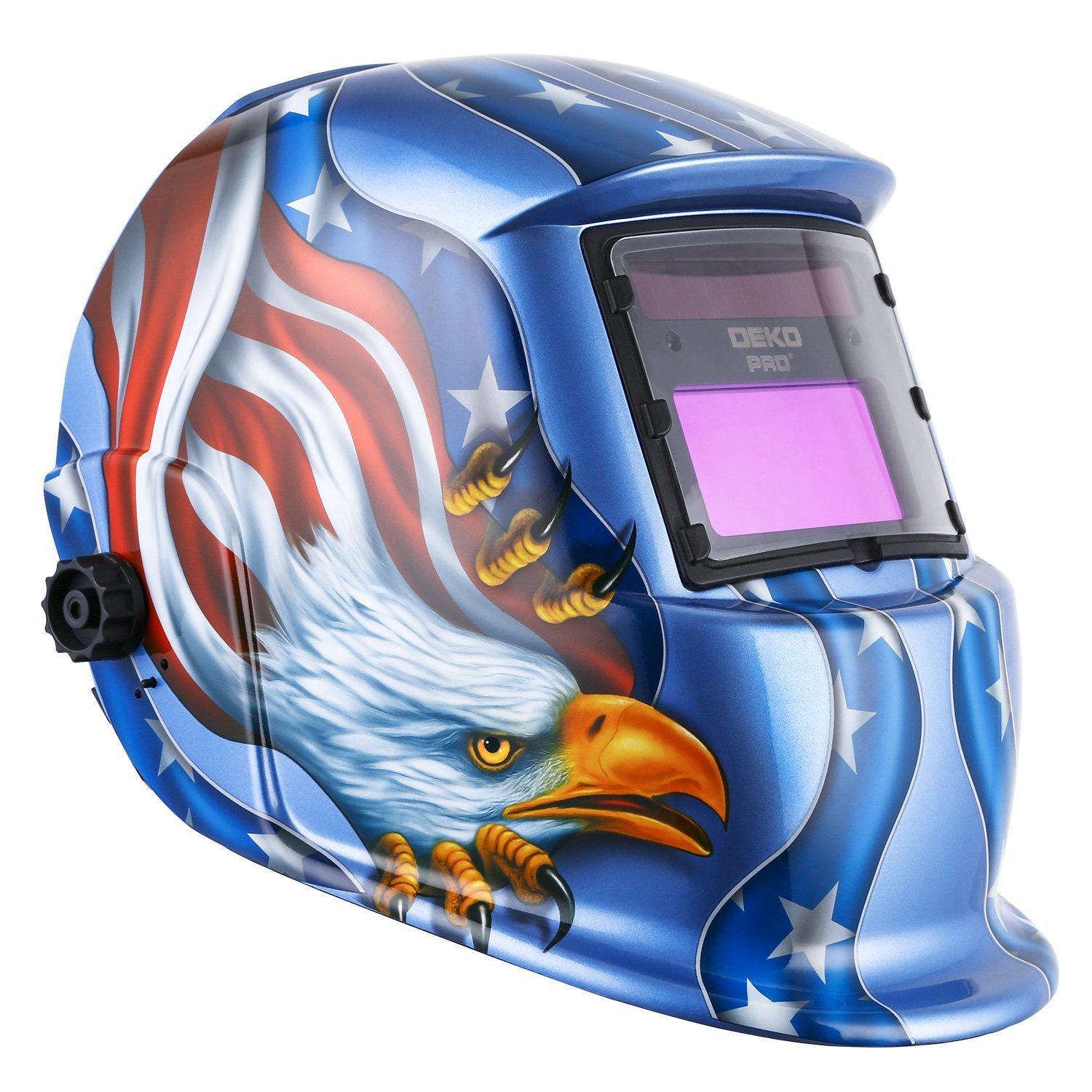 Solar Power Auto Darkening Welding Helmet Blue Eagle Design with Wide Lens Adjustable Shade Range 4/9-13 for Mig Tig Arc Weld Grinding Welder Mask