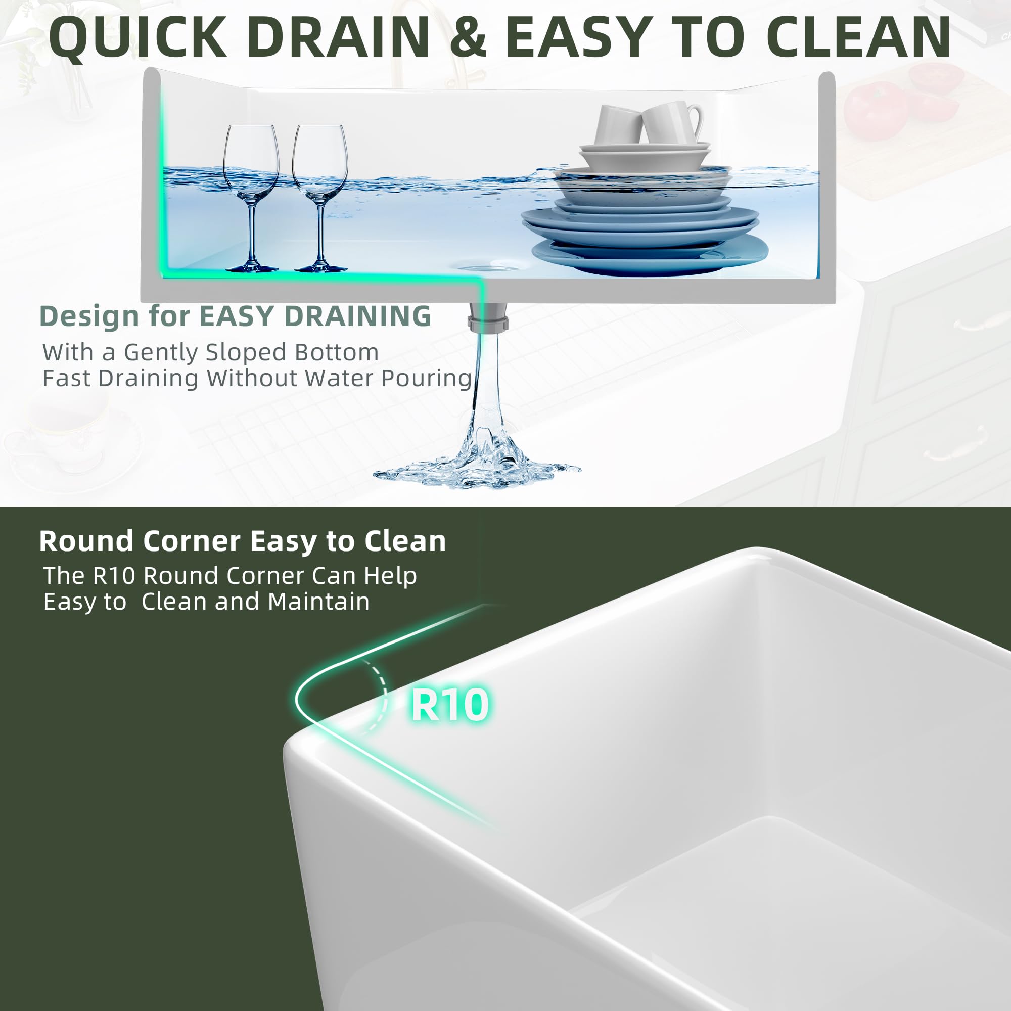 TUKTUK White Farmhouse Sink 33 inch Fireclay Apron Front Single Bowl Kitchen Sink Deep Drop In Farm Sink Undermount with Custom Bottom Grid & Strainer Drain