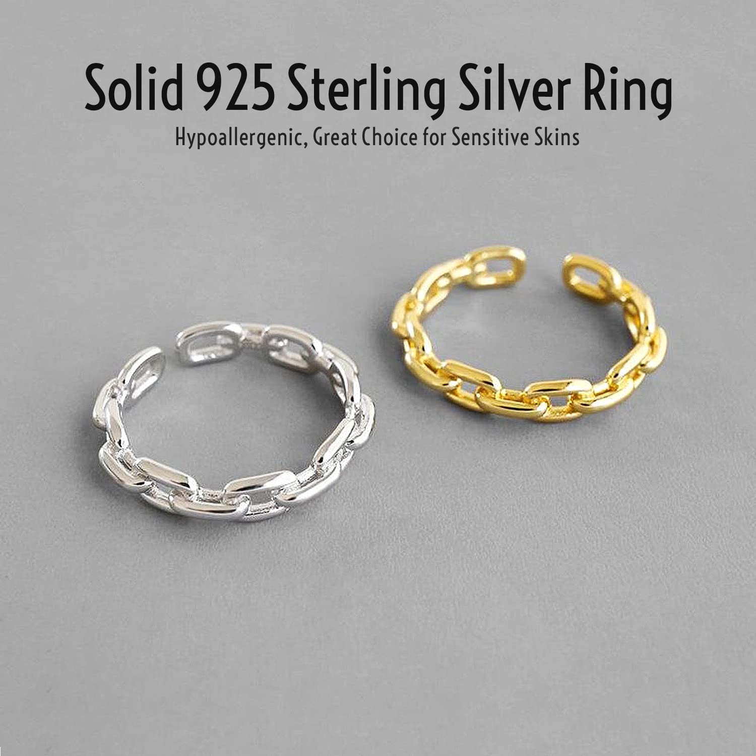 Sterling Silver Adjustable Chain Rings for Women, Cute Simple Stackable Rings for Teen Girls