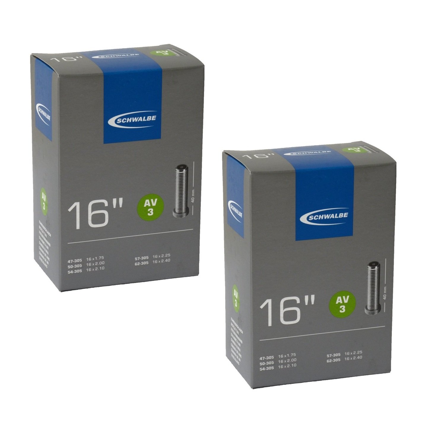 Schwalbe AV3 Inner Tubes for Kids Bikes 16" x 1.75-2.40, Schrader Valve (2 Pack)