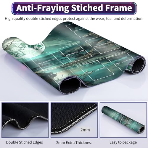 Playmat for OCG, Game Play Mat for TCG CCG 24 x 14 inch with Non-Slip Rubber Base and Stitched for Board Games and Table Magic, Moon and River at Night