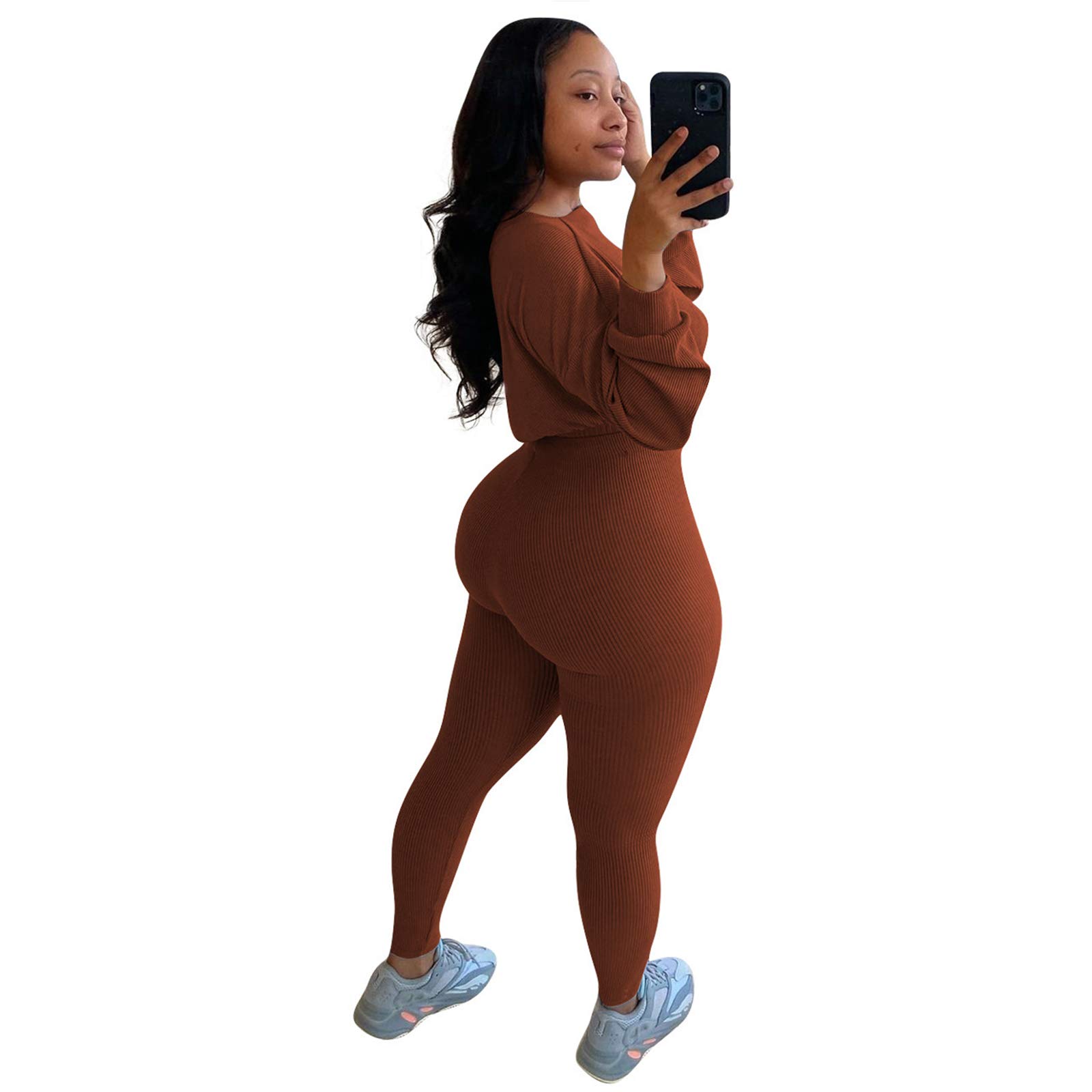 Women 2 Piece Outfits Sweatsuit Set Ribbed Long Sleeve Crop Top Bodycon Pants Tracksuit Jogger Set Black L
