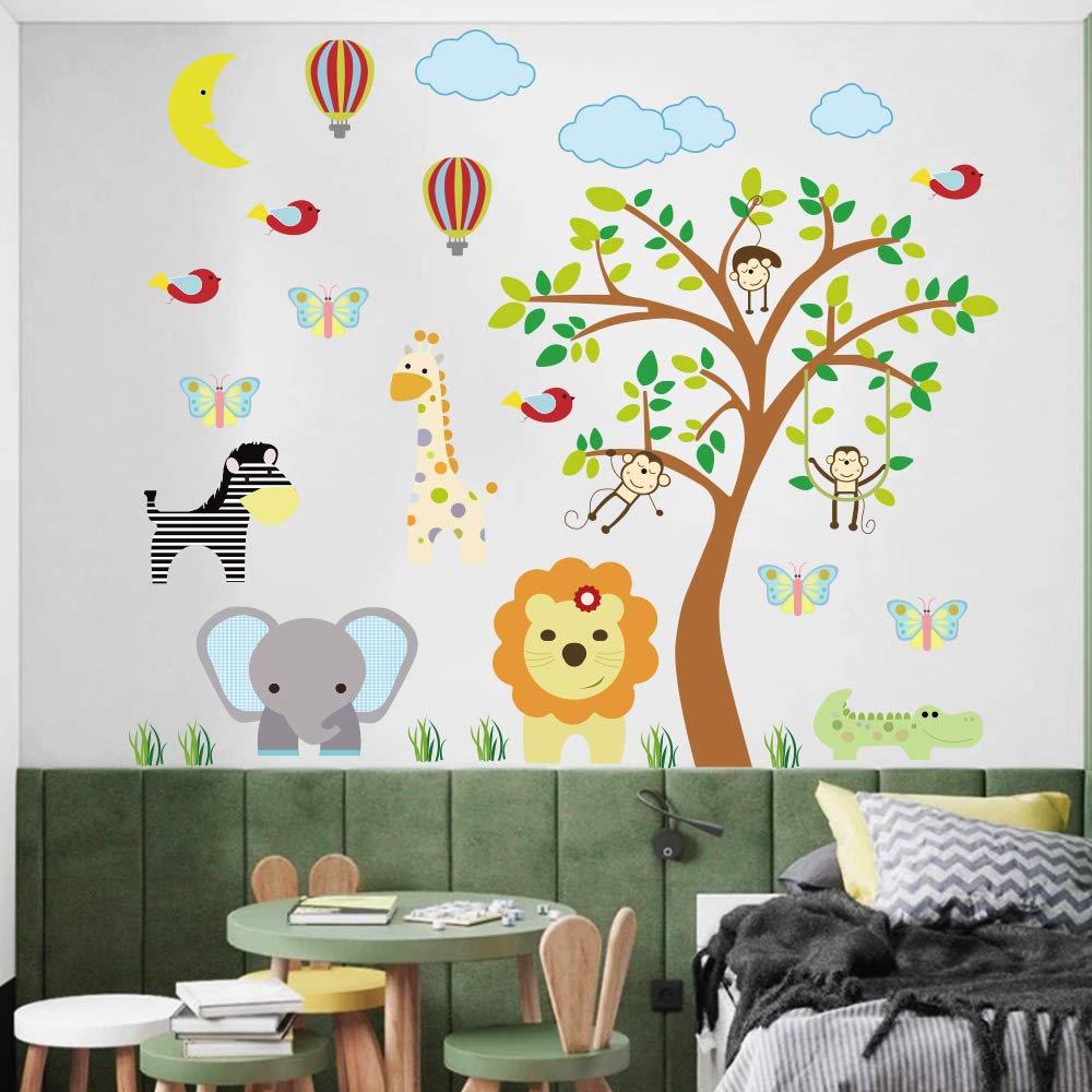 Supzone Jungle Tree Wall Stickers Pink Animal Wall Decals Removable for Girls Children's Room Nursery Bedroom Classroom Wall Decor
