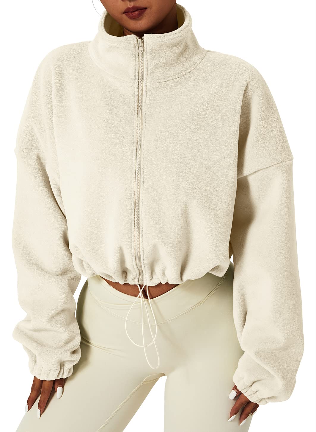 QINSEN Women's Polar Fleece Bomber Jacket Full Zip Stand Collar Short Coat Cozy Winter Warm Outwear Beige M
