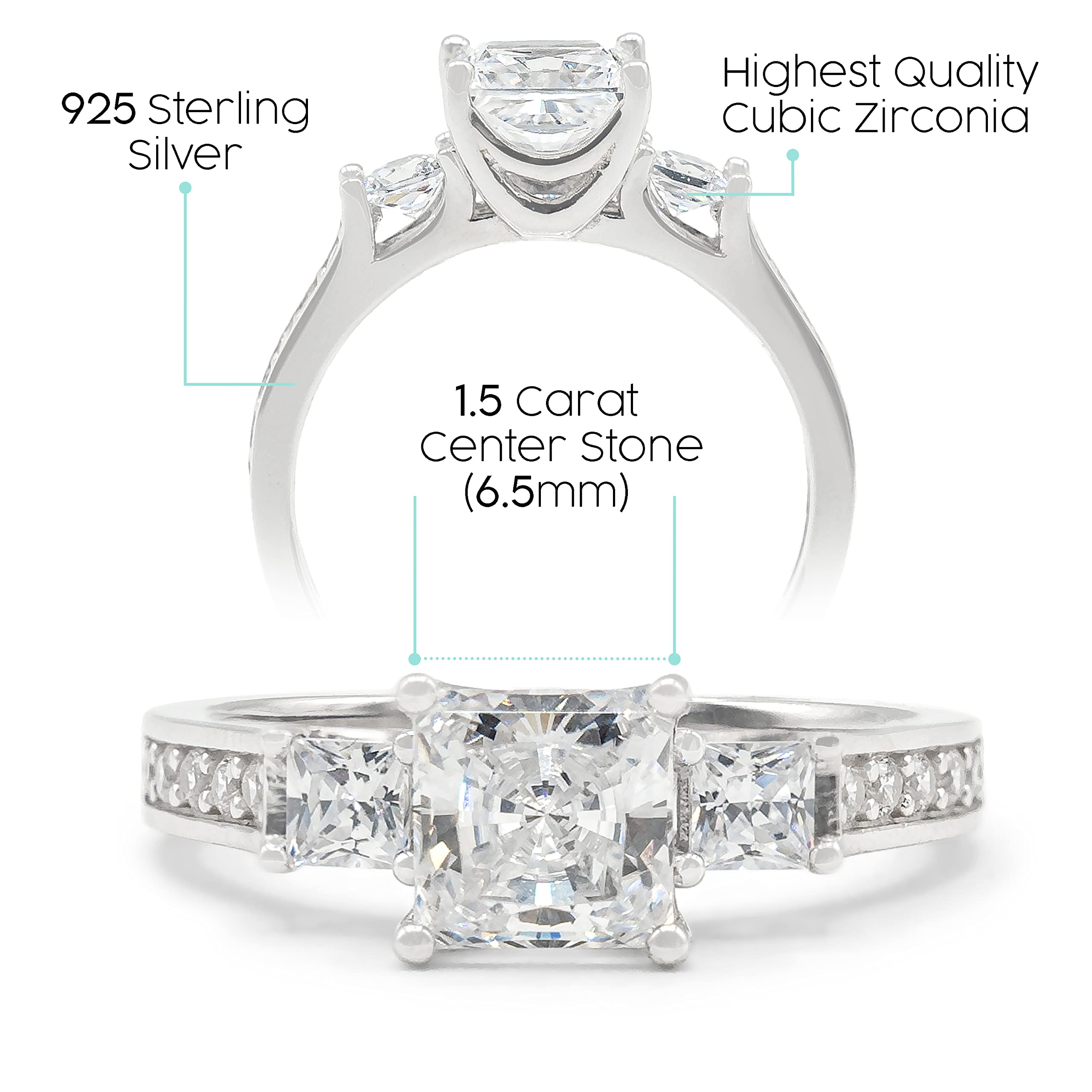 Size 7 - Solid 925 Sterling Silver CZ Cubic Zirconia 3 Three Stone Engagement Ring - Princess Cut Solitaire with Round Side Stones (1.75cttw., 1.5ct. Center) - With Elegant Velvet Ring Box