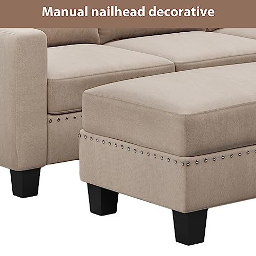 RUIZE Elegant Full Size Linen Upholstered Daybed Reversible Sectional Couch with Storage Ottoman L-Shaped Sofa, Sectional Sofa with Chaise