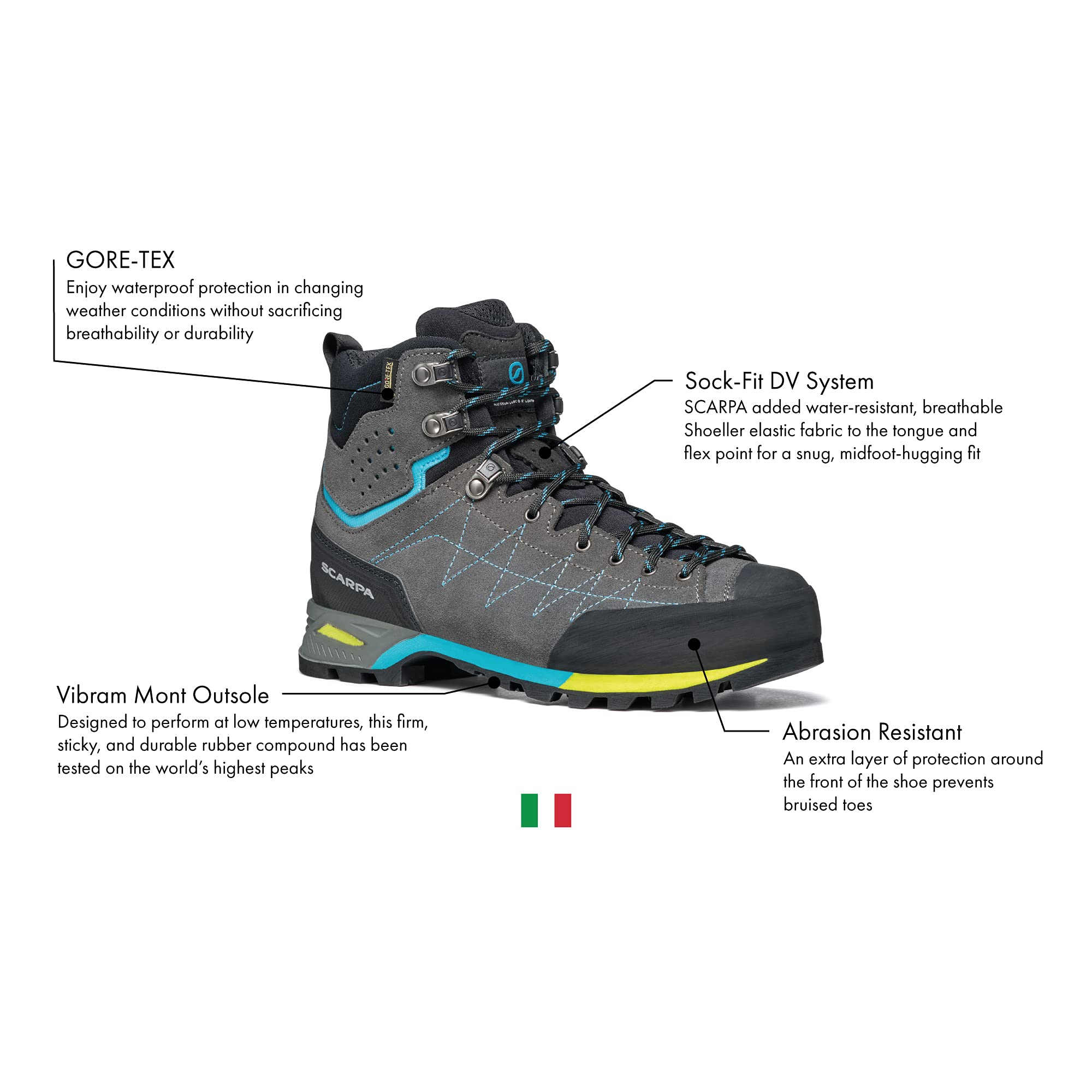 SCARPA Women's Zodiac Plus GTX Waterproof Gore-Tex Boots for Backpacking and Hiking - Shark/Maldive - 8-8.5