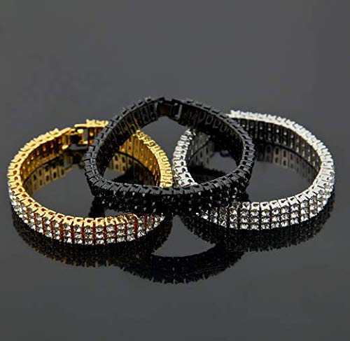 Starryinter 3 Rows 8-Inch Iced Out Rhinestone Tennis Chain Men's Women's Bling Hip Hop Bracelet Colors Selectable-BR475 (Black)