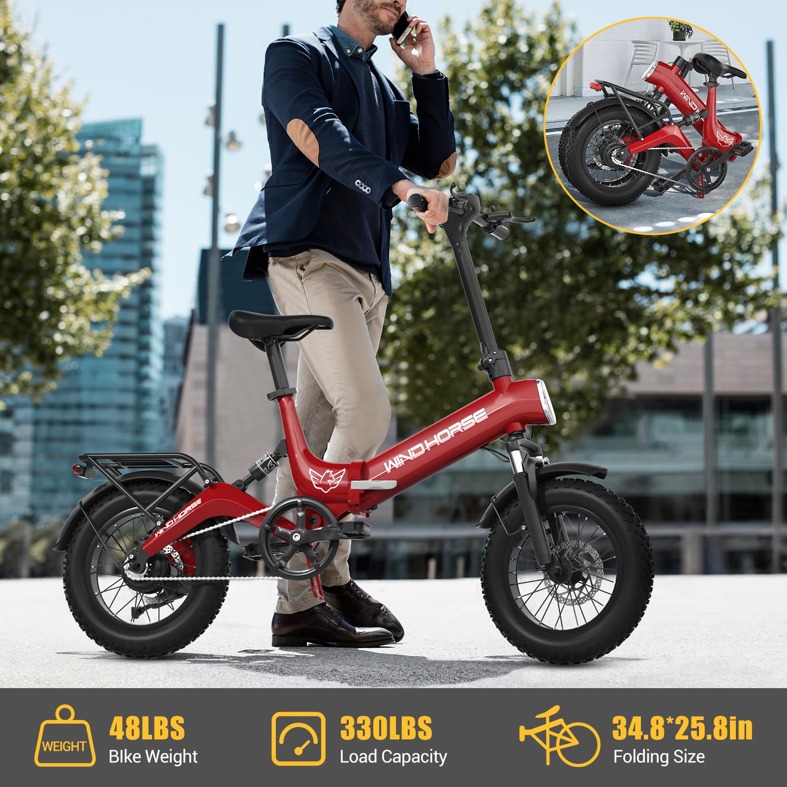 RIDWIND E-Bikes for Adults Electric, 16" Fat Tire Electric Bicycle, 20MPH Folding Ebikes with 36V Battery, APP Control, LED Display, IP67 Waterproof, Dumping Power Outage Snow Bicycle Electric