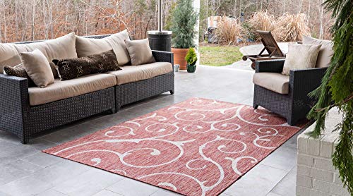 Unique Loom Outdoor Botanical Collection Area Rug - Curl (7' 1" x 10' Rectangle, Rust Red/ Ivory)