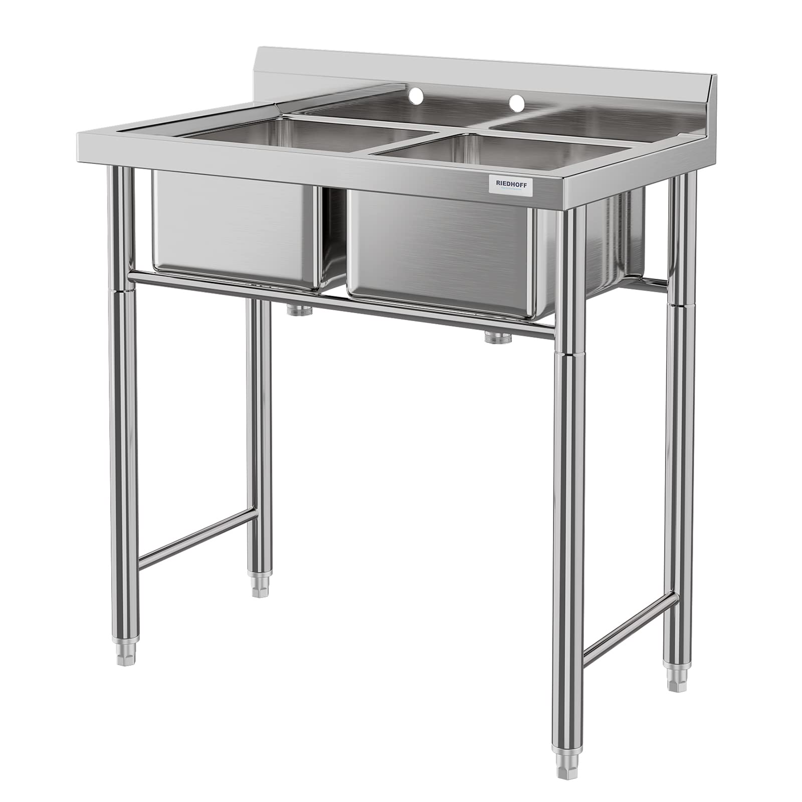 RIEDHOFF Stainless Steel Utility Sink with 2 Compartments, [Wide Compartment] Commercial Kitchen Sink for Laundry, Backyard, Garage, Restaurant, Outdoor -Bowl 16" L x 14" W x 9" H