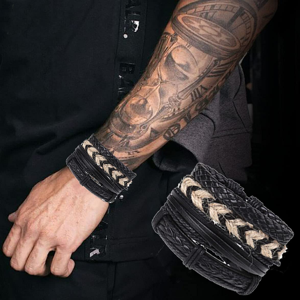 WAINIS 34 Pcs Braided Leather Bracelet for Men Women Stackable Cuff Wrap Wrist Bracelet Adjustable Ethnic Woven Wooded Bead Jewelry Bracelets Pack
