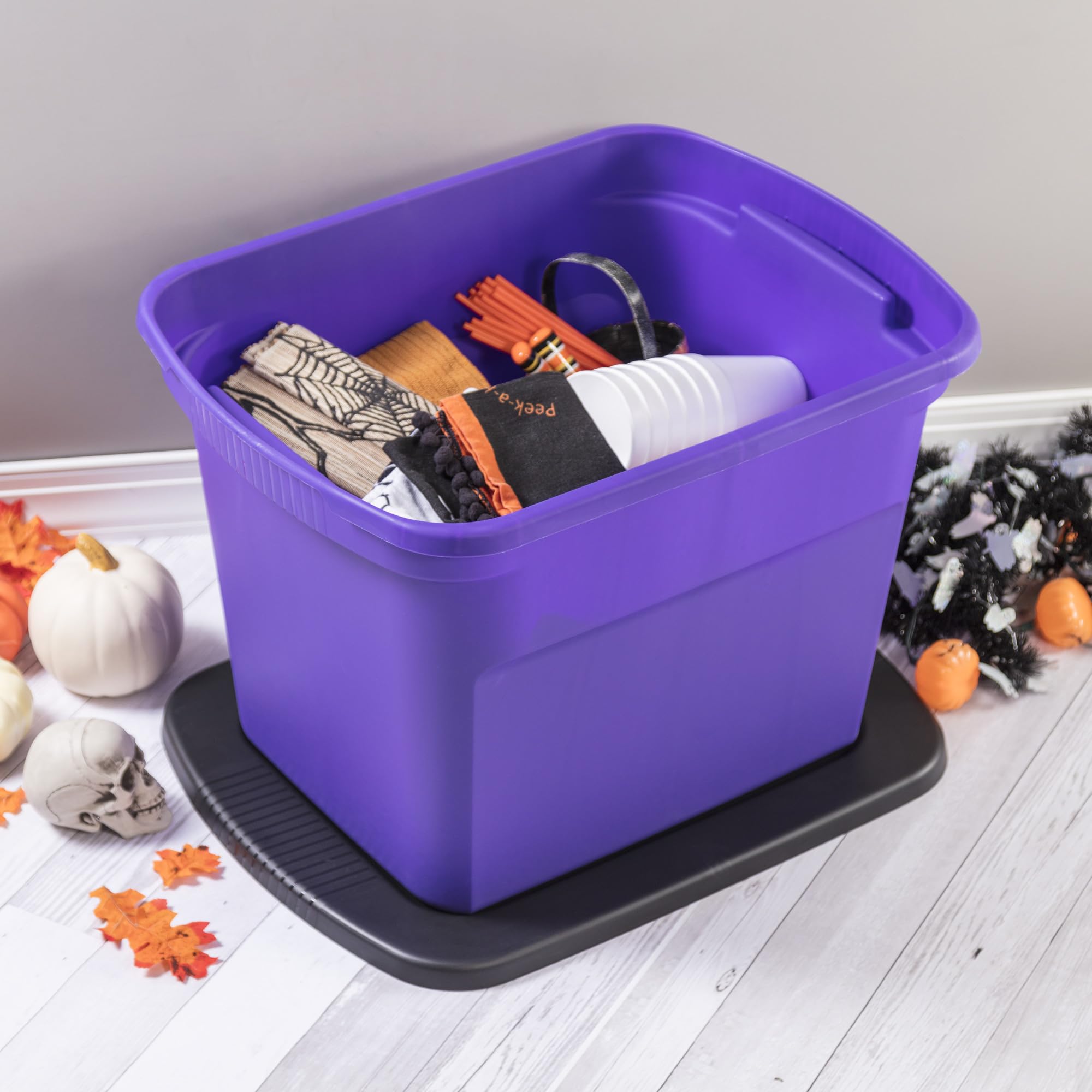Sterilite 18 Gal Storage Tote, Stackable Bin with Lid, Plastic Container to Organize Halloween Decorations in Closet, Purple Base and Lid, 8-Pack