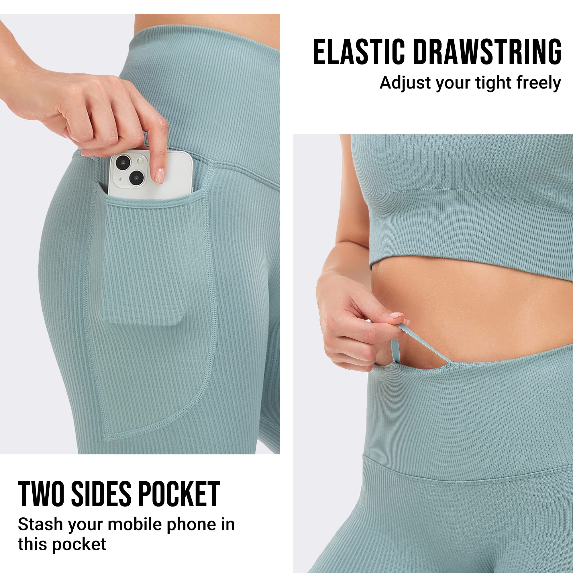 Yoga Workout Seamless Sets with Ribbed Design for Women,2 Piece Set with Ribbed Flattering Notch Top
