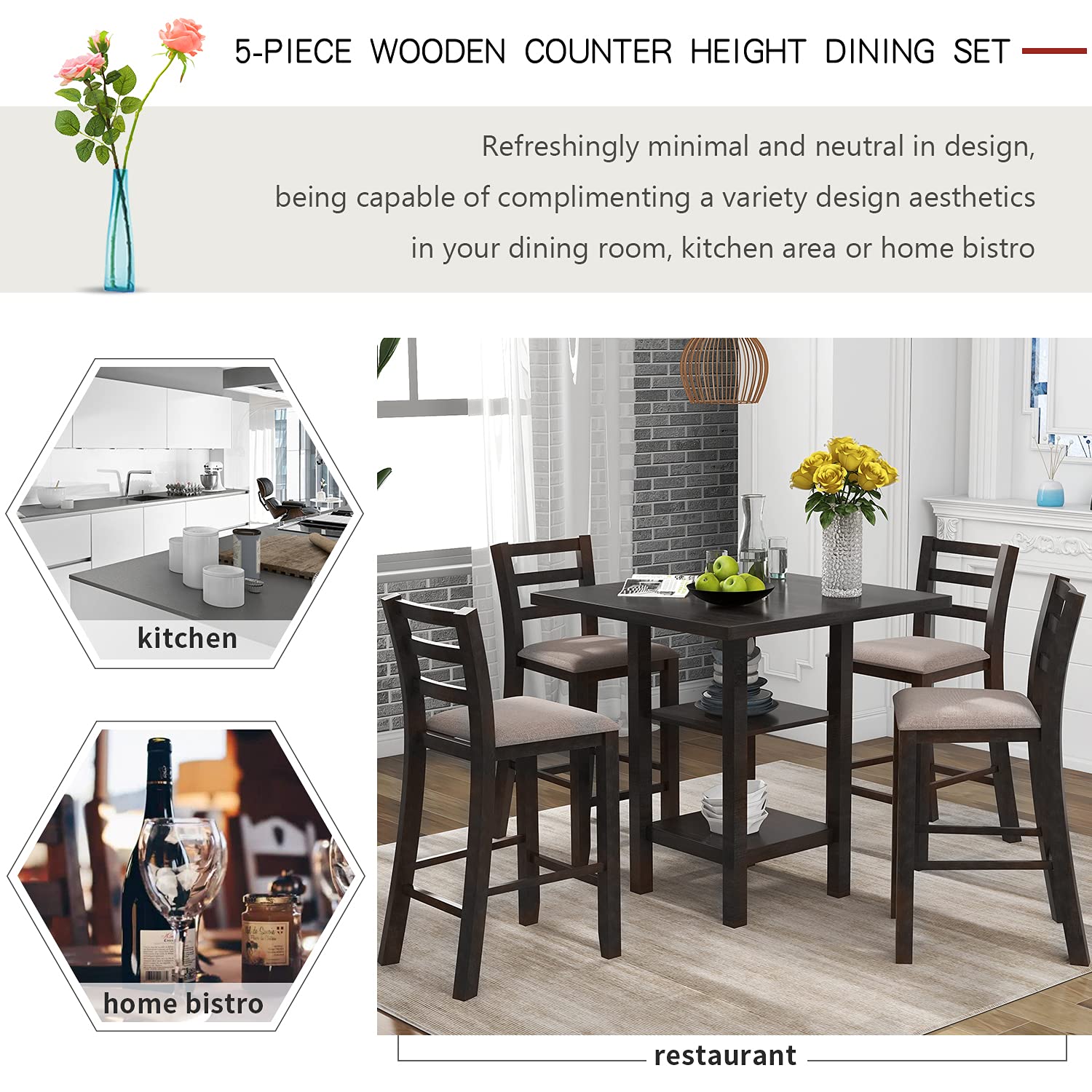 RUNWON 5 Piece Extendable Dining Set for 4,Retro Style Kitchen Furniture with Round Table and 4 Upholstered Chairs, Espresso