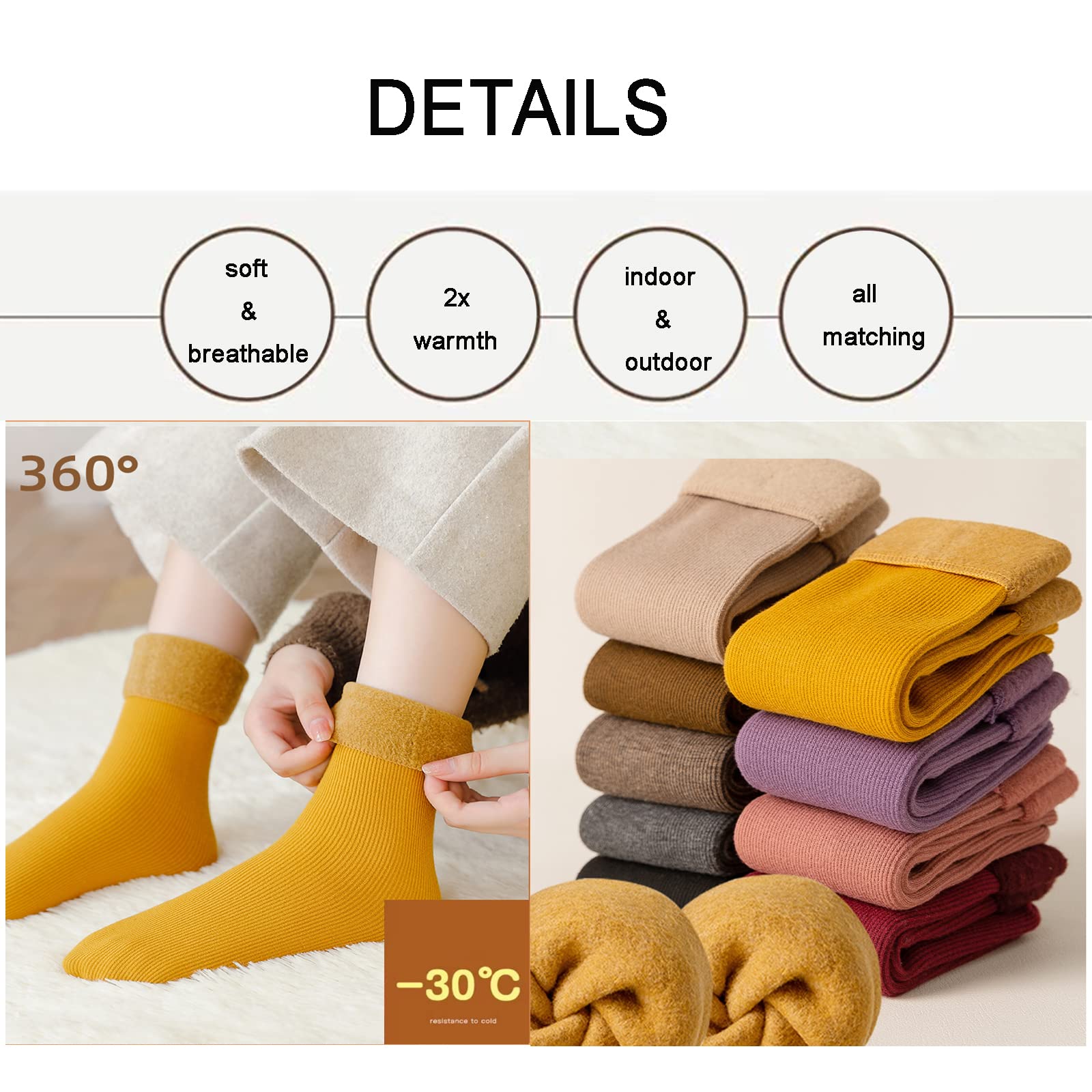 ZQFFB Winter Socks for Women 5 Pairs Warm Thick Thermal Socks Fleece Snow Socks for Cold Weather