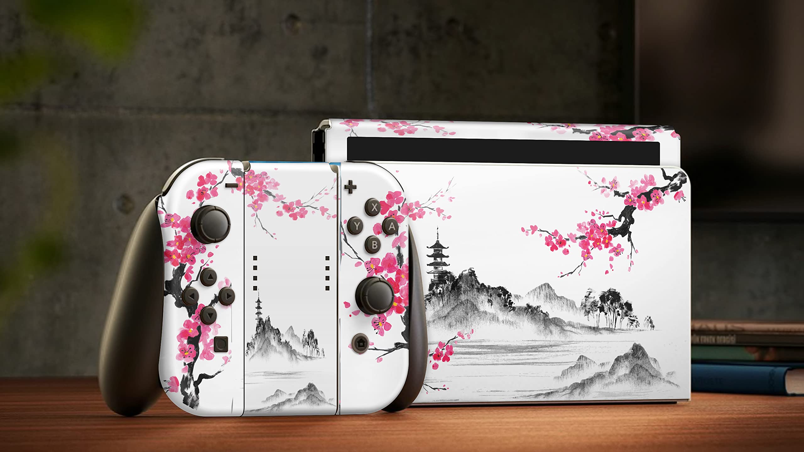 ZOOMHITSKINS OLED Switch Skin, Compatible with Switch OLED Skin Wrap, Japanese Asian Temple Cherry Blossom Flower Nature Pink Samurai, 3M Vinyl for Durable & Fit, Made in The USA