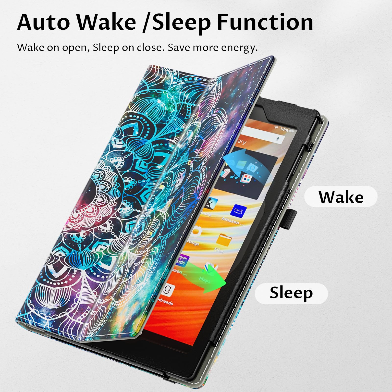 VORI Case for All-New Amazon Kindle Fire HD 10 Tablet (13th/11th Generation 2023/2021 Release) and Fire HD 10 Plus 10.1" - Slim Folding Stand Folio Cover with Auto Wake/Sleep & Hand Strap, Mandala