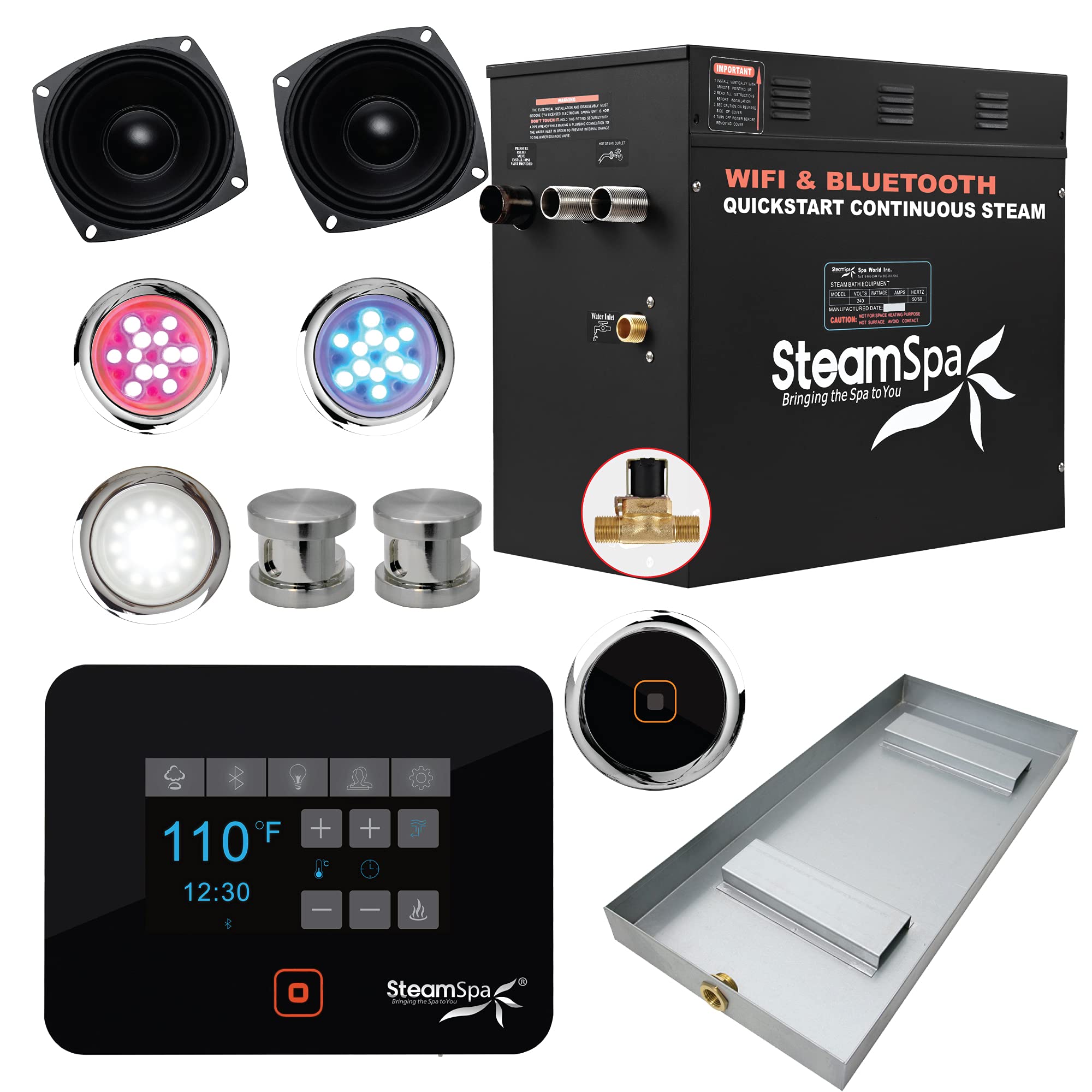 Steam Shower Generator Kit System | Brushed Nickel Shower Head + Self Drain Combo | Enclosure Steamer Sauna Spa Stall Package |Touch Screen Wifi App/Bluetooth Control Panel |12kW Raven |SS-RVB1200BN-A