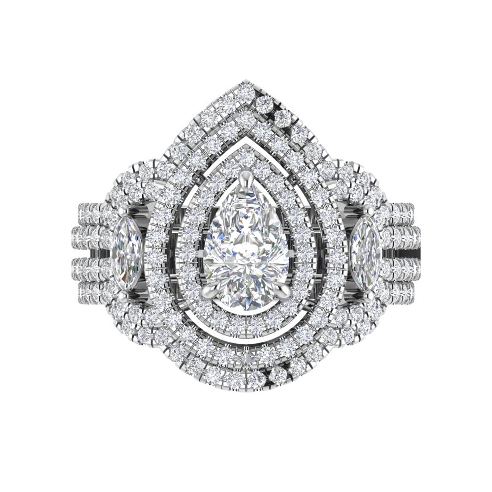 Sterling Silver Cubic Zirconia Dainty Two Piece Pear and Marquise Shaped Halo Engagement Ring CZ Trio Ring Stackable Bridal Set (Size 7)