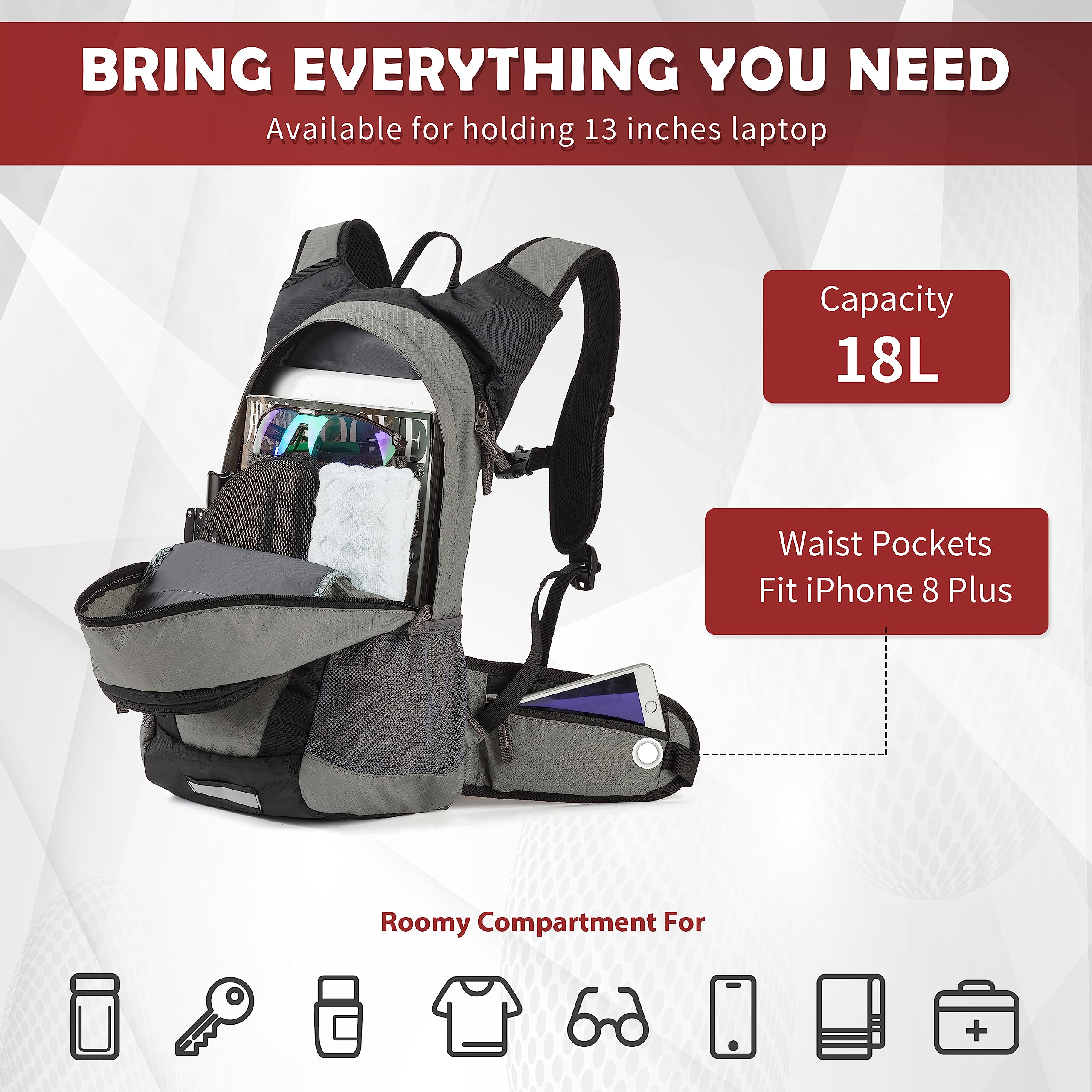 RUPUMPACK 18L Hiking Hydration Backpack - Insulated Hiking Backpack with 2.5L Water Bladder - Waterproof Water Backpack with Storage for Hiking