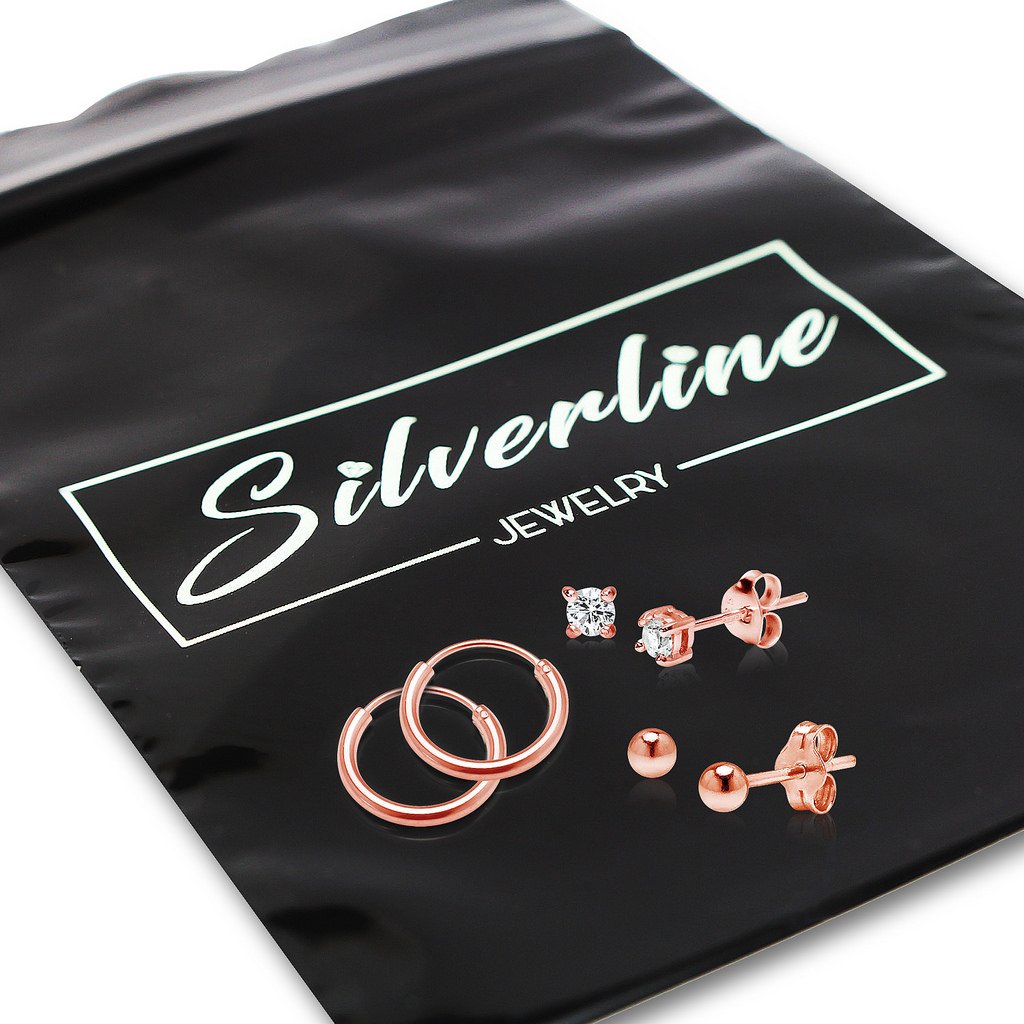 Three Pairs Sterling Silver 10mm Endless Hoops 3mm Round CZ & 3mm Ball Stud Unisex Cartilage Earrings Set Rose Gold Flashed