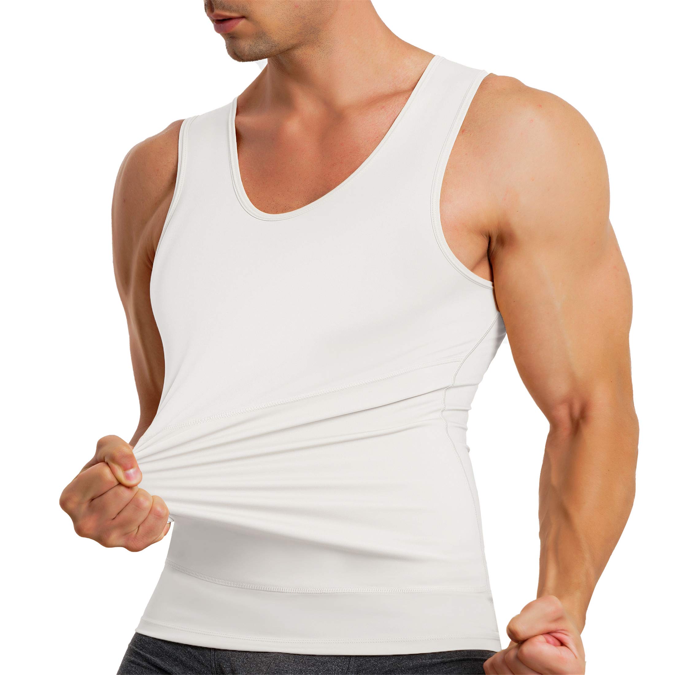 TAILONG Compression Shirt for Men Slimming Body Shaper Sport Vest Workout Tank Top Athletic Undershirt (White, X-Large)